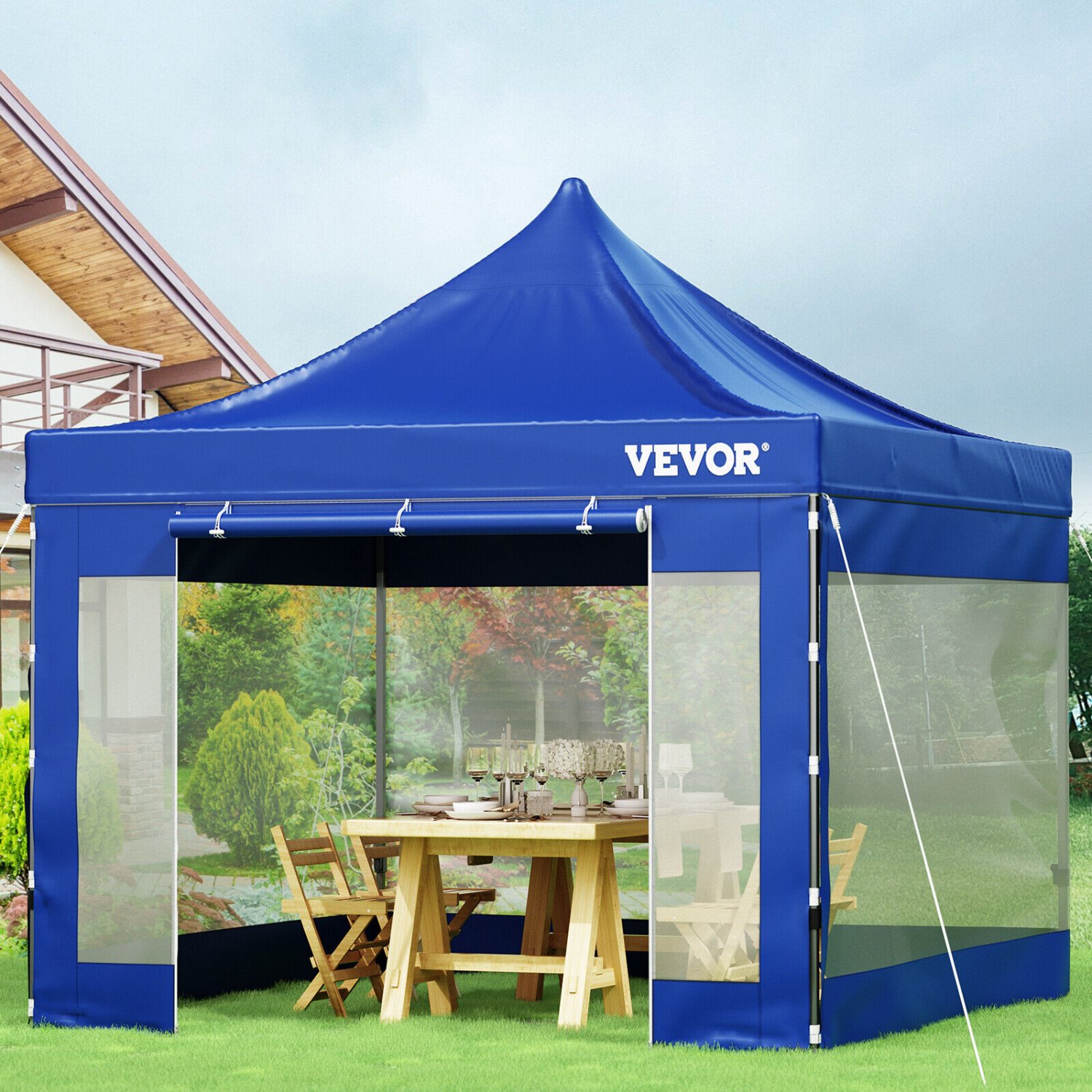 VEVOR Pop Up Canopy 10' x 10' Gazebo Tent w/ Clear Tarp Sidewalls Blue ...