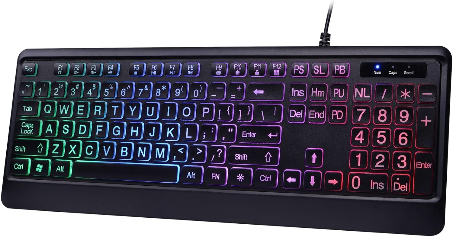 Backlit Wired Keyboard - Large Print Computer Keyboards with Rainbow ...