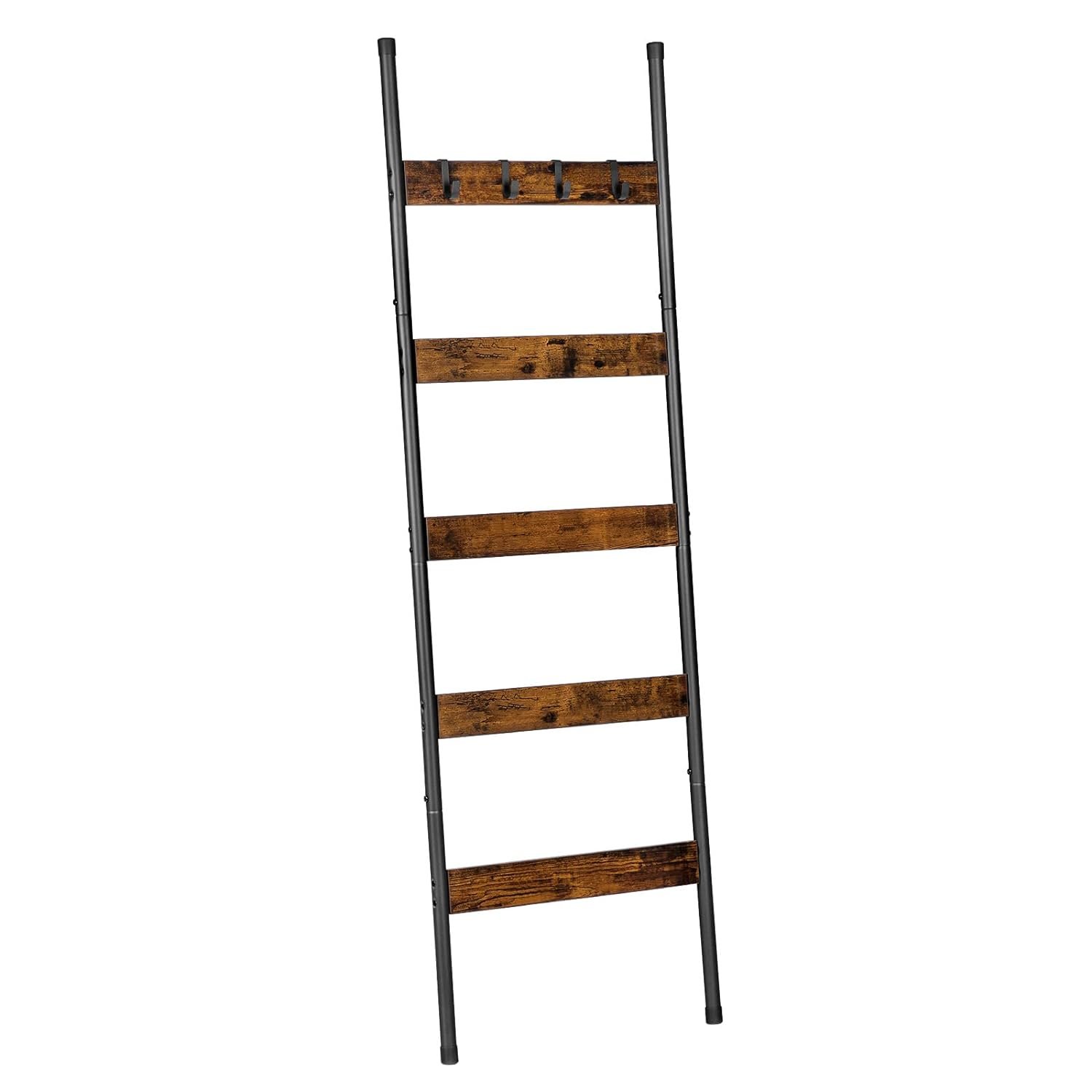 Blanket Ladder, 5-Tier Ladder Shelf With Hooks, Wall-Leaning Rack ...