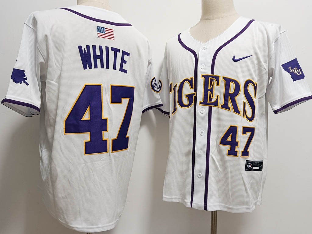 Mens LSU Tigers #47 Tommy White 2024 White Baseball Game 2024 Stitched ...
