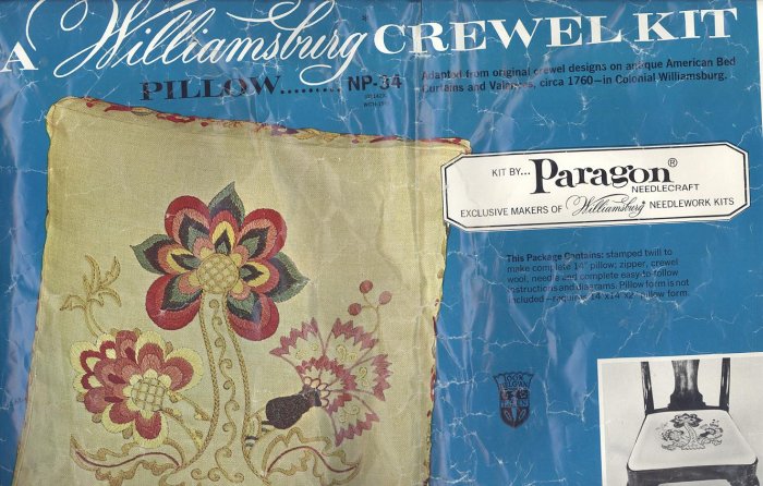 Williamsburg Jacobean Crewel Embroidery Pillow Kit Vintage 1968 Paragon ...