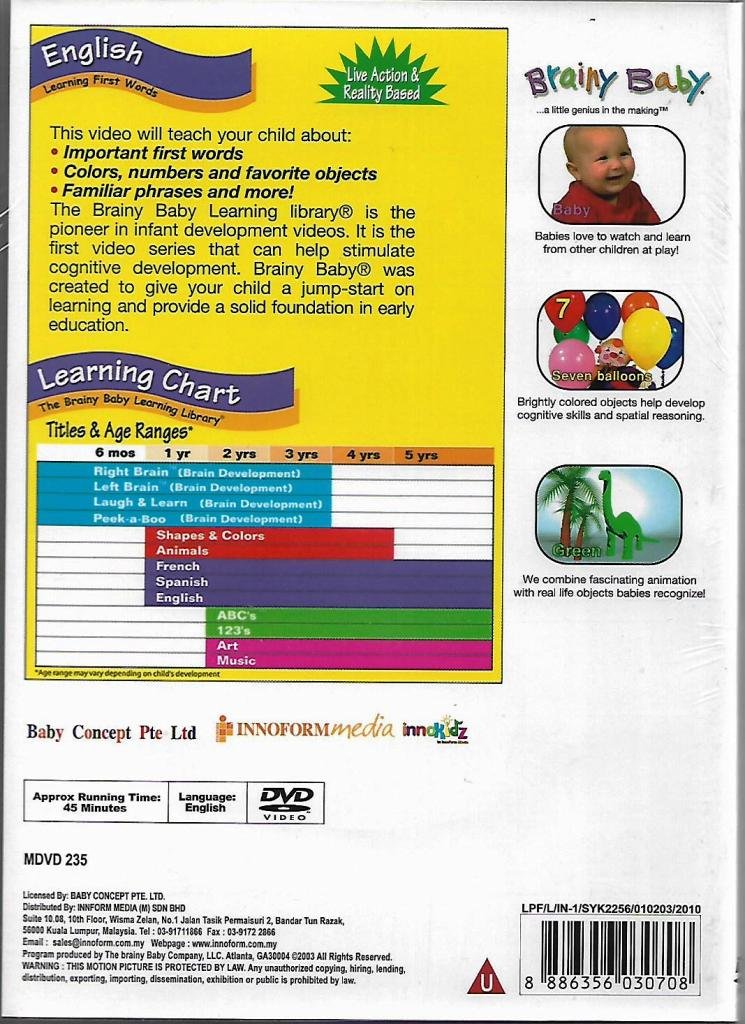 Brainy Baby English DVD Learning First Words Age 1-5 Region All ...
