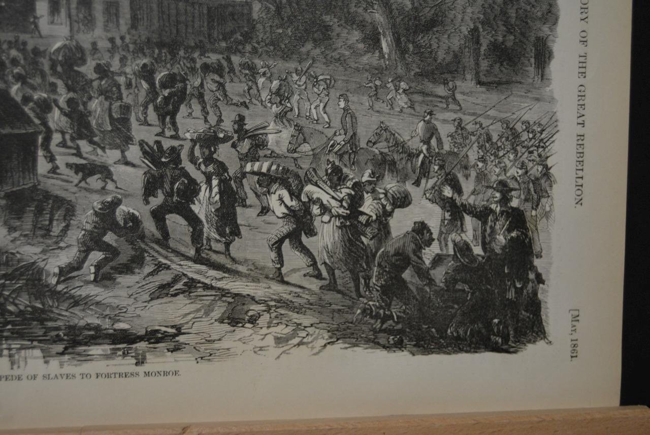 Antique 1866 American Civil War Art Print Stampede of Slaves to Fort Munroe