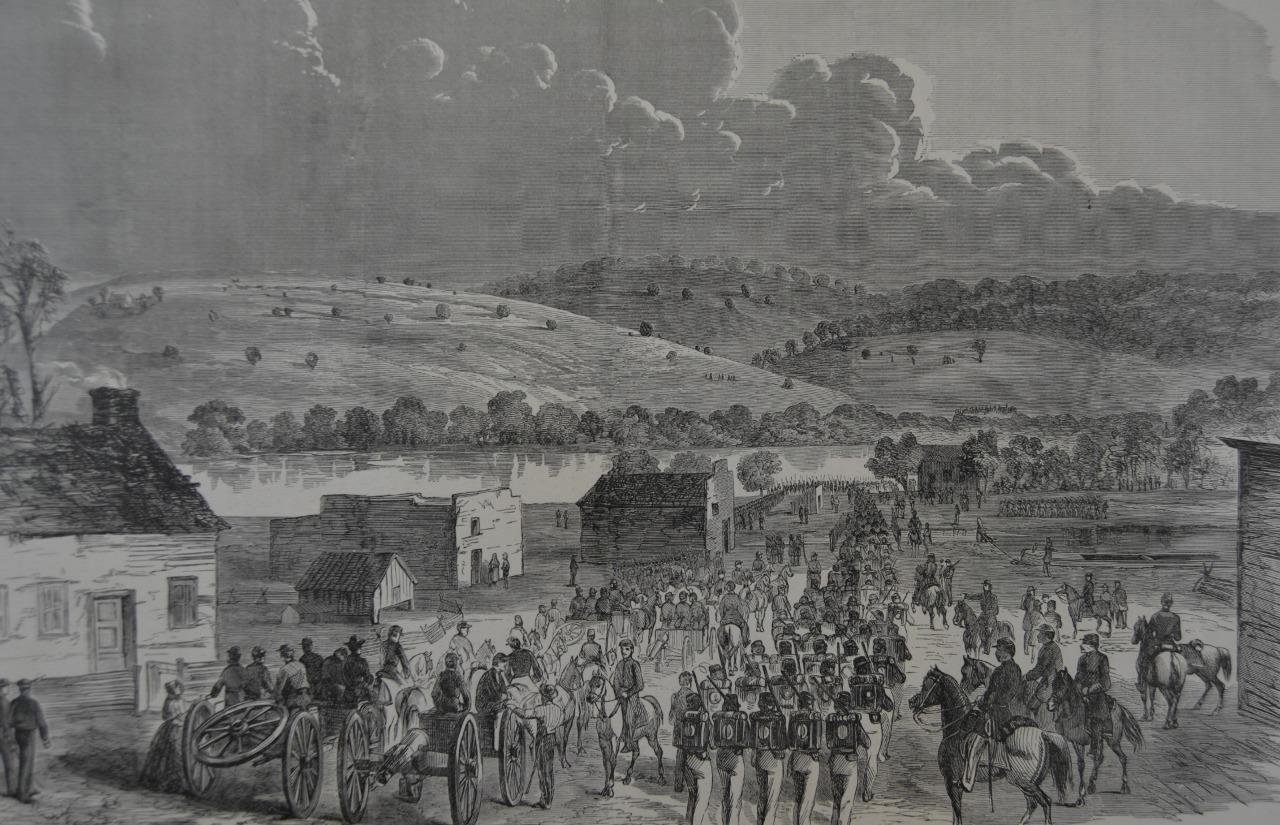 Antique Civil War Art Print Edwards Ferry 1861 Harper Weekly 1866 Original