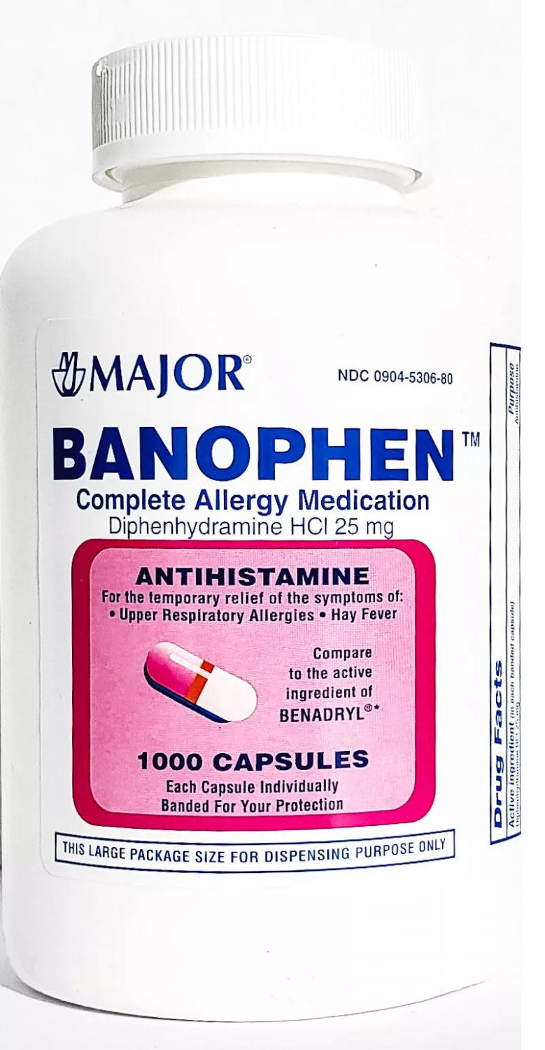 Major Banophen Diphenhydramine 25mg Capsules 1000ct