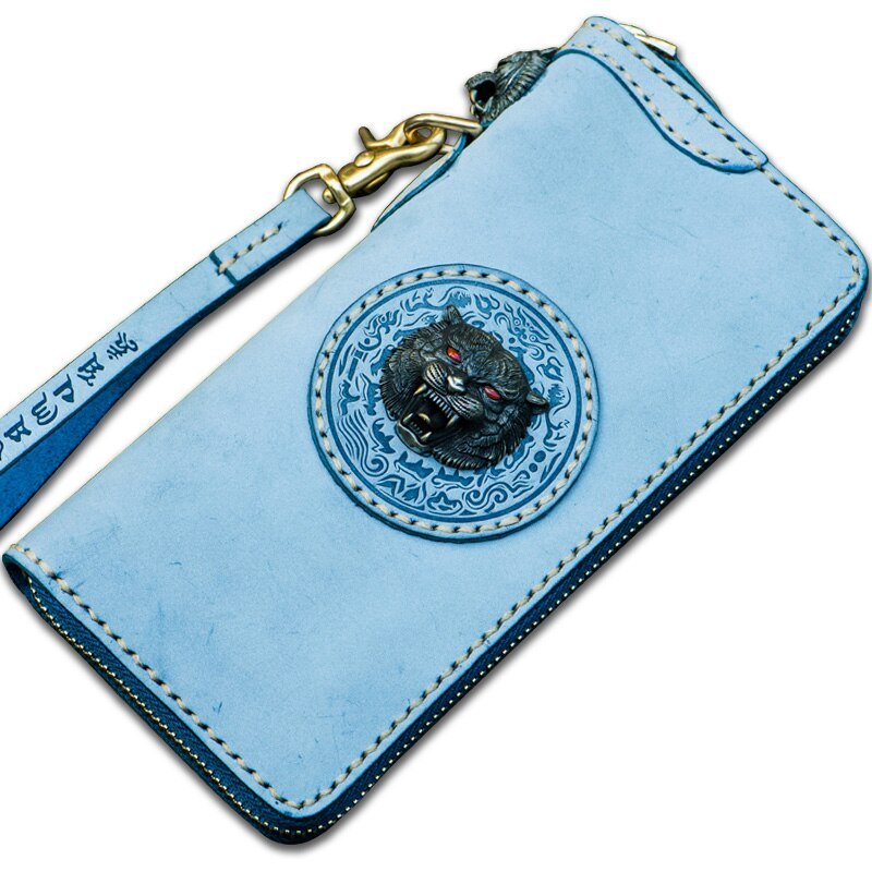 Blue_Hand-made Long Tiger Head Wallets Purses Women Men Clutch ...