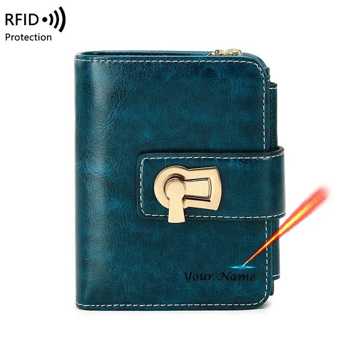 Blue_RFID Customized Wallets with Name and Photo for Women Leather ...