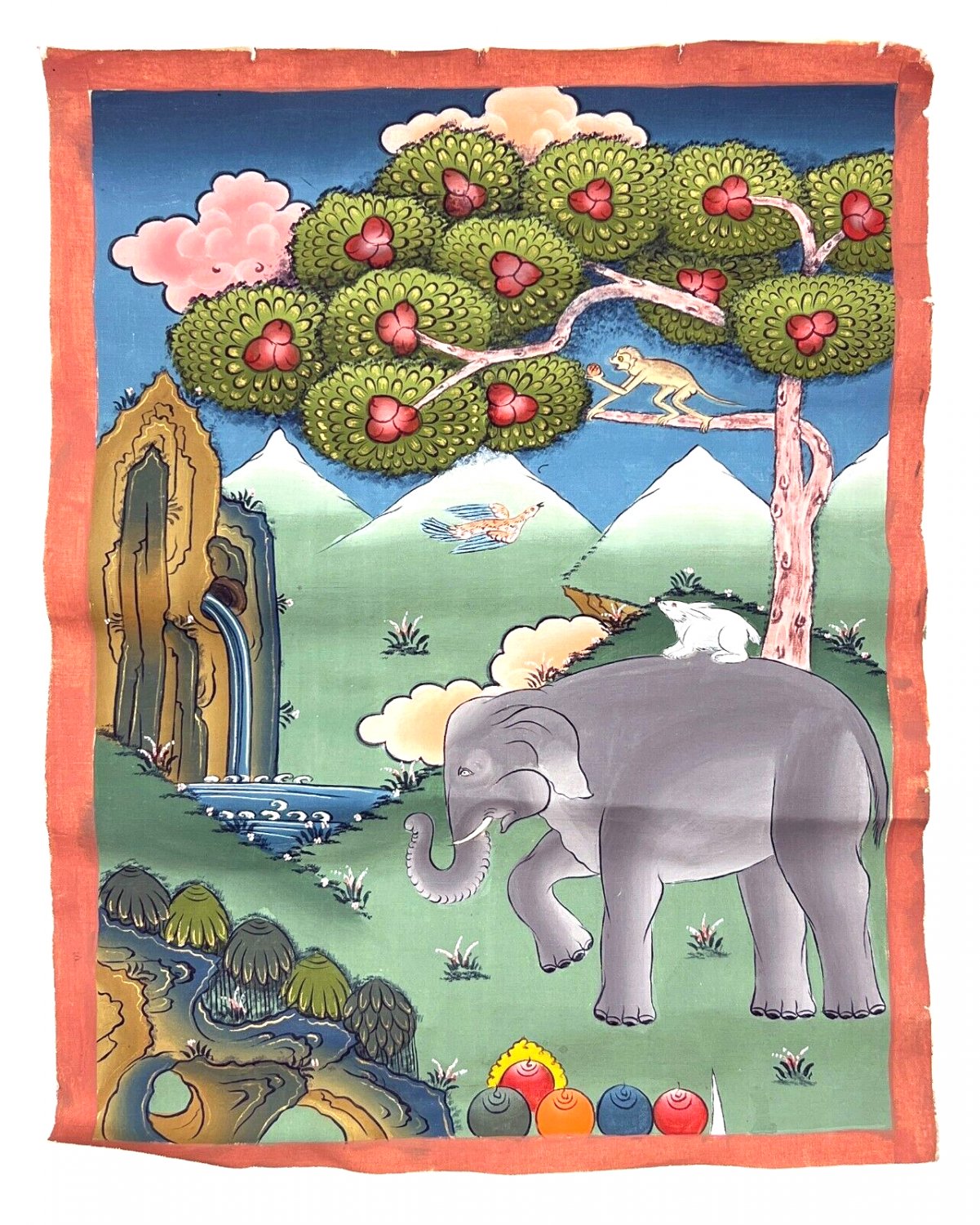 Buddhist Allegory "Four Harmonious Friends" Bhutanese Painting on ...