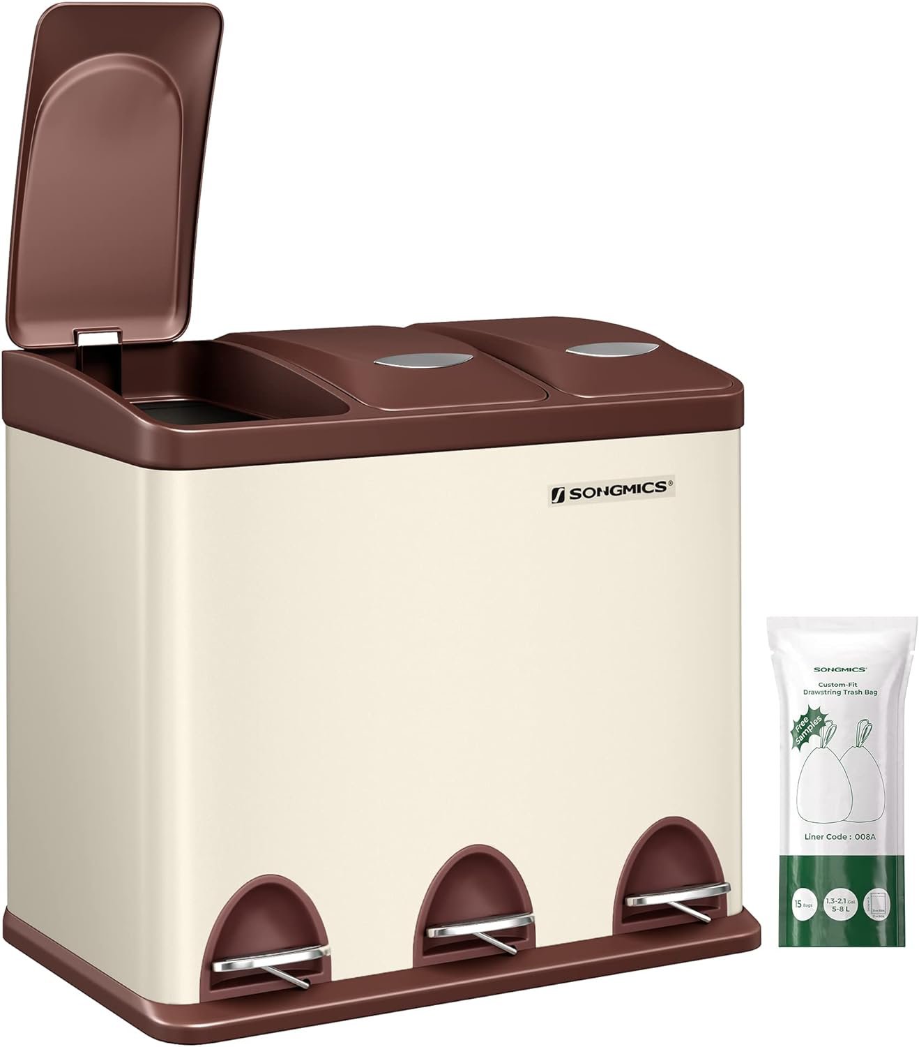 SONGMICS Kitchen Trash Can, 3 x 8 L Classifying Trash Can, with Lids, Triple Steel Bucket