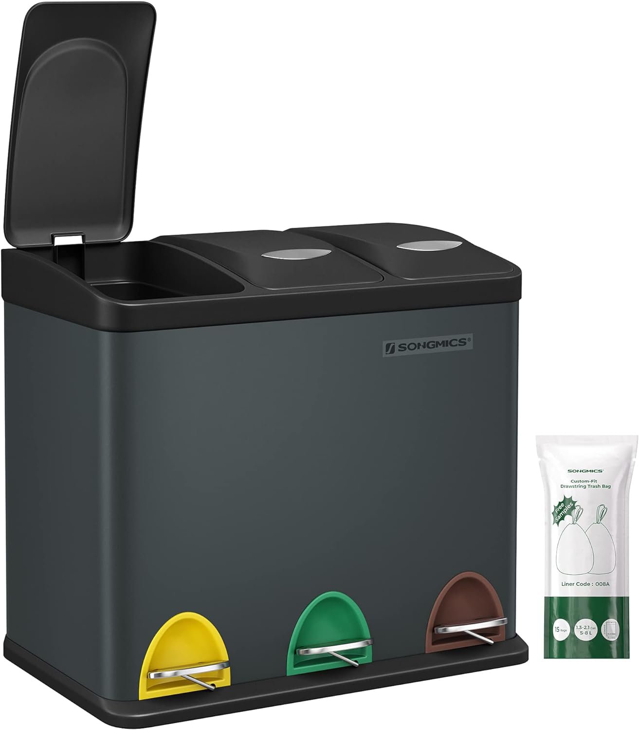 SONGMICS Kitchen Trash Can, 3 x 8 L Classifying Trash Can, with Lids, Triple Steel Bucket