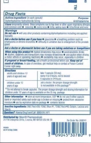 Major Banophen Diphenhydramine 50mg Antihistamine 100ct - 3 Pack