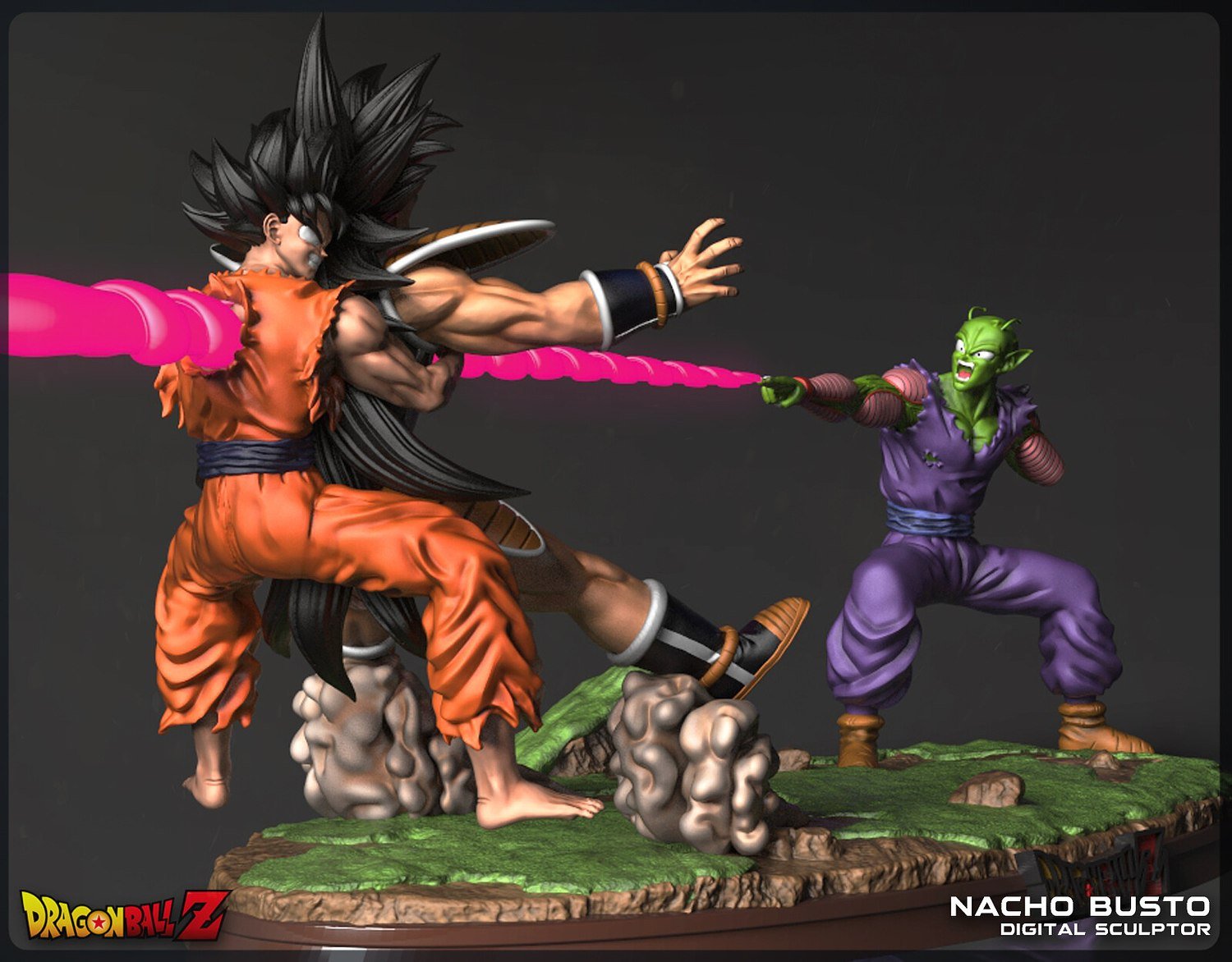 Goku and Piccolo fighting with Raditz Diorama STL FILE 3D model