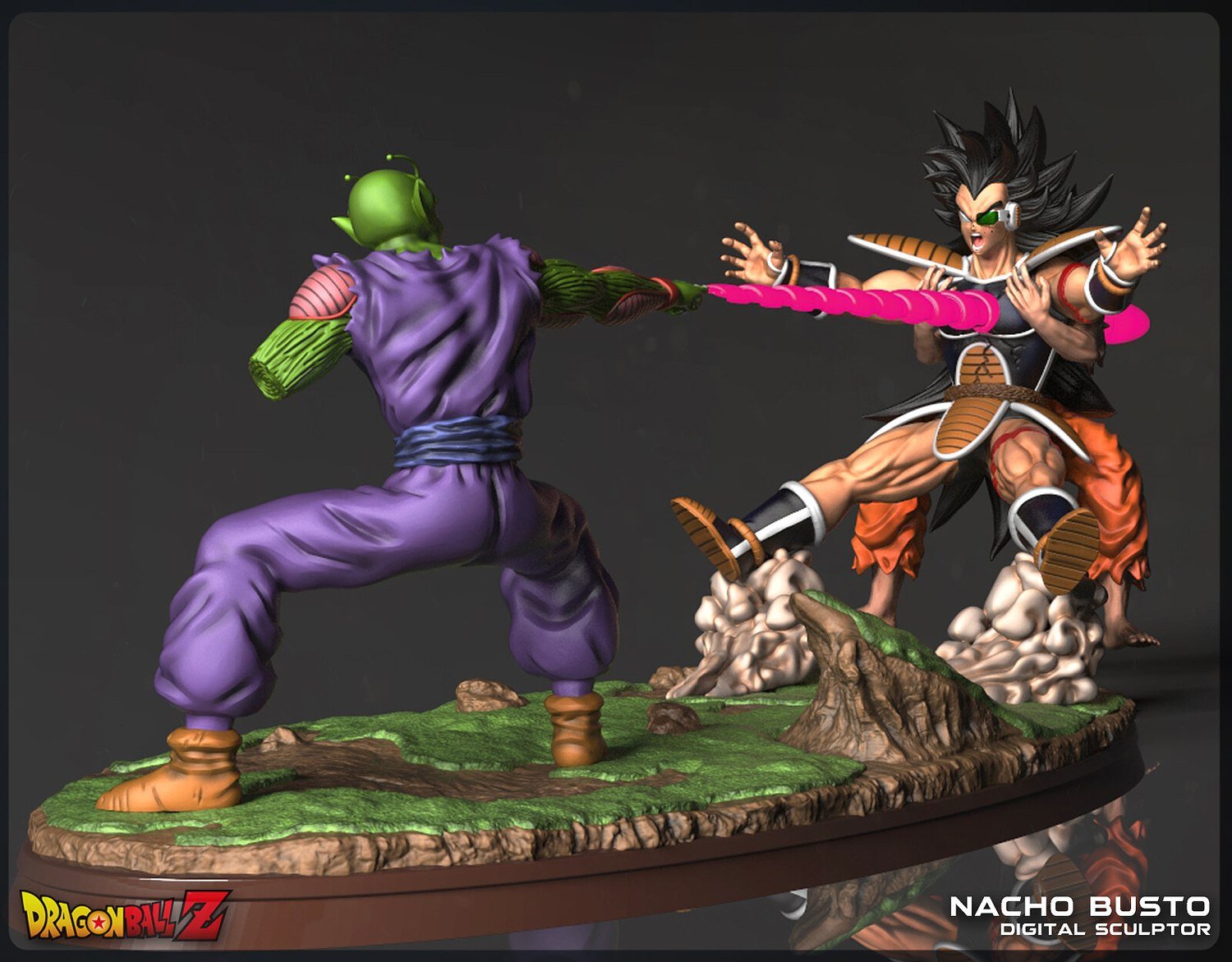 Goku and Piccolo fighting with Raditz Diorama STL FILE 3D model