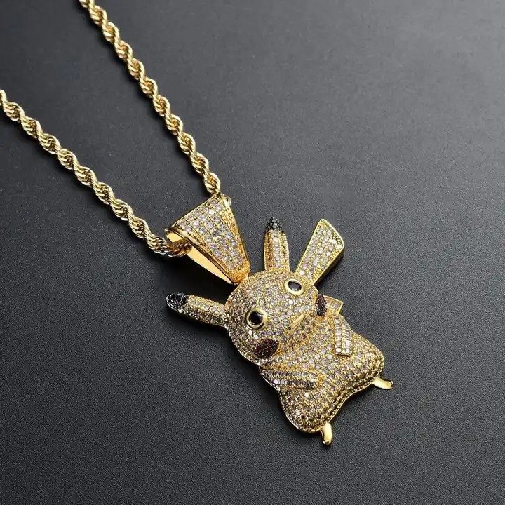 Gold Iced Out Pokemon Pikachu Pendant Hip Hop Jewelry CZ Copper Rope ...