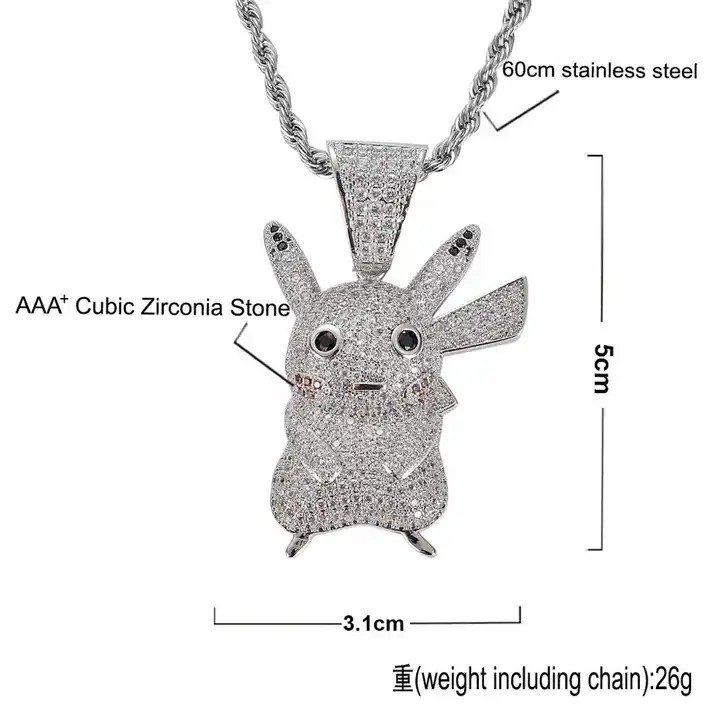 Gold Iced Out Pokemon Pikachu Pendant Hip Hop Jewelry CZ Copper Rope ...