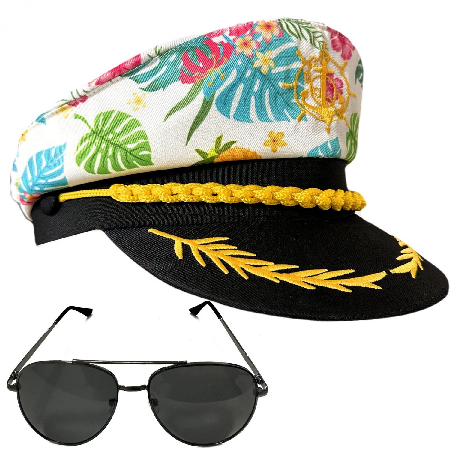 Captain Hat Sailor Hat Navy Yacht Boat Tropical Hawaiian Flower Cap ...