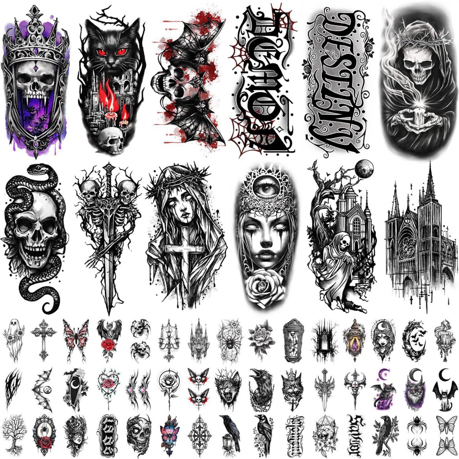 77 Sheets Temporary Tattoos, Gothic Style Horror Mystery Spider Skull ...