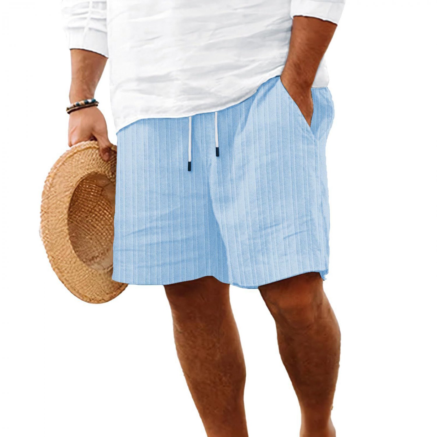 ROOMLINE Light Blue M Mens Linen Shorts Flat Front Casual Elastic Waist ...