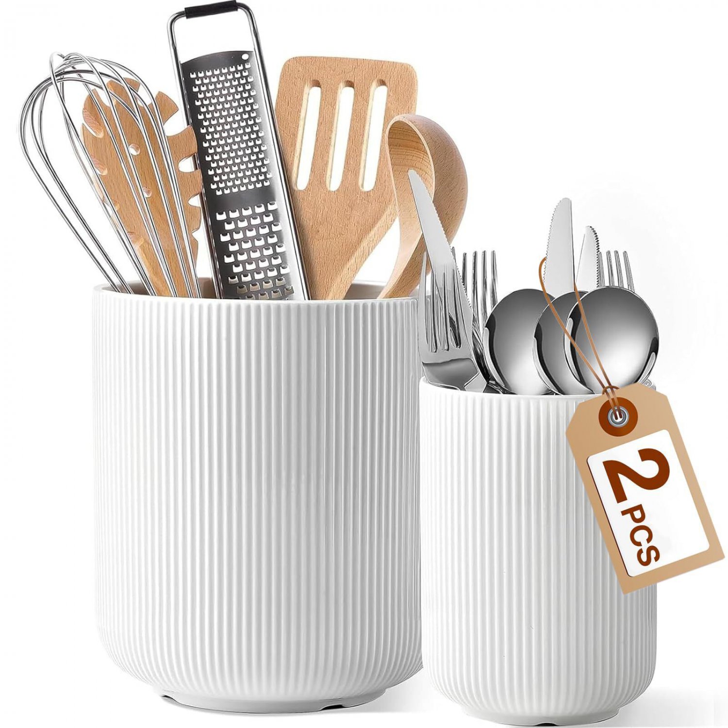 Mfacoy Large Kitchen Utensil Holder Set of 2, 7.3" + 5.4" Ceramic ...