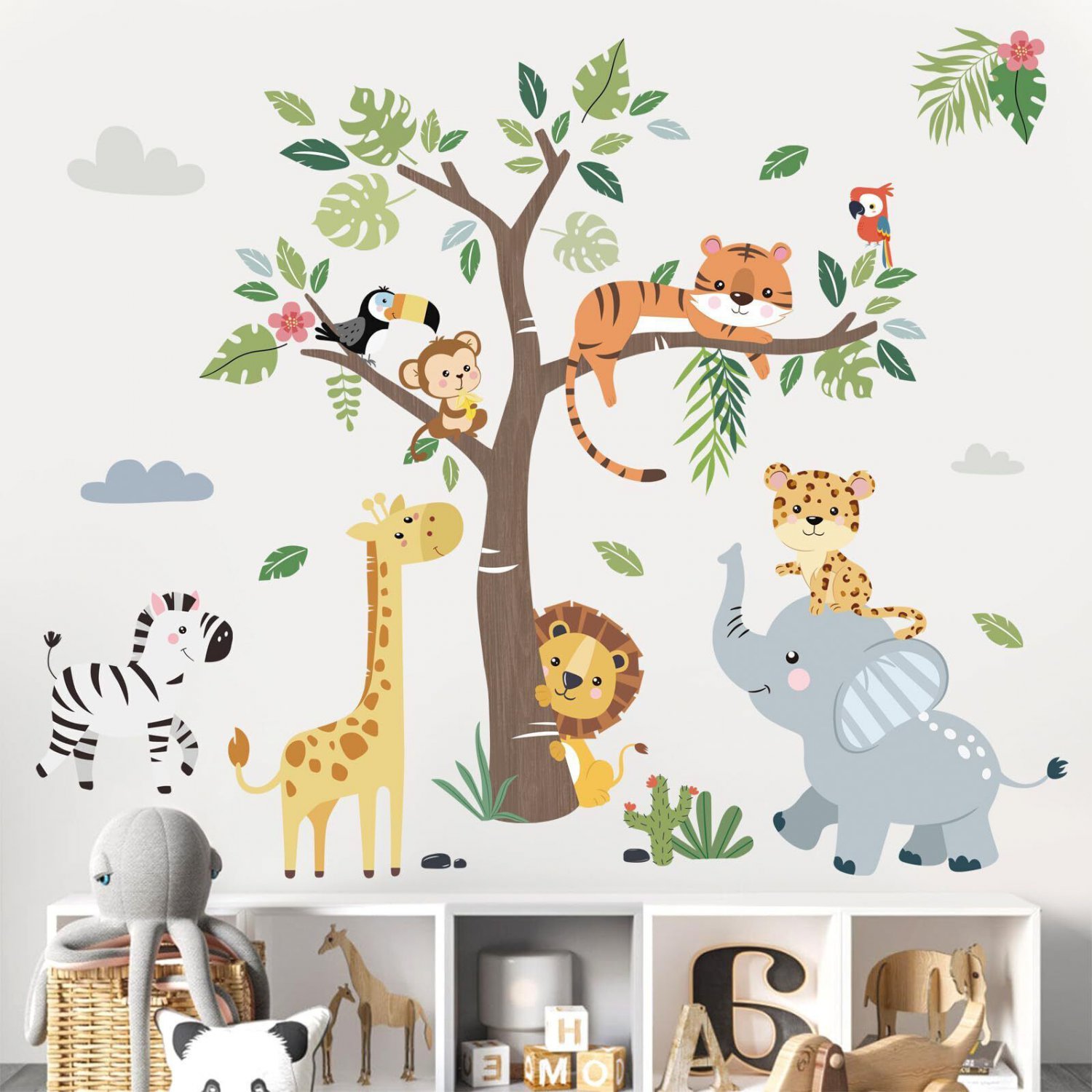 decalmile Jungle Animals Tree Wall Decals Elephant Giraffe Lion Safari ...