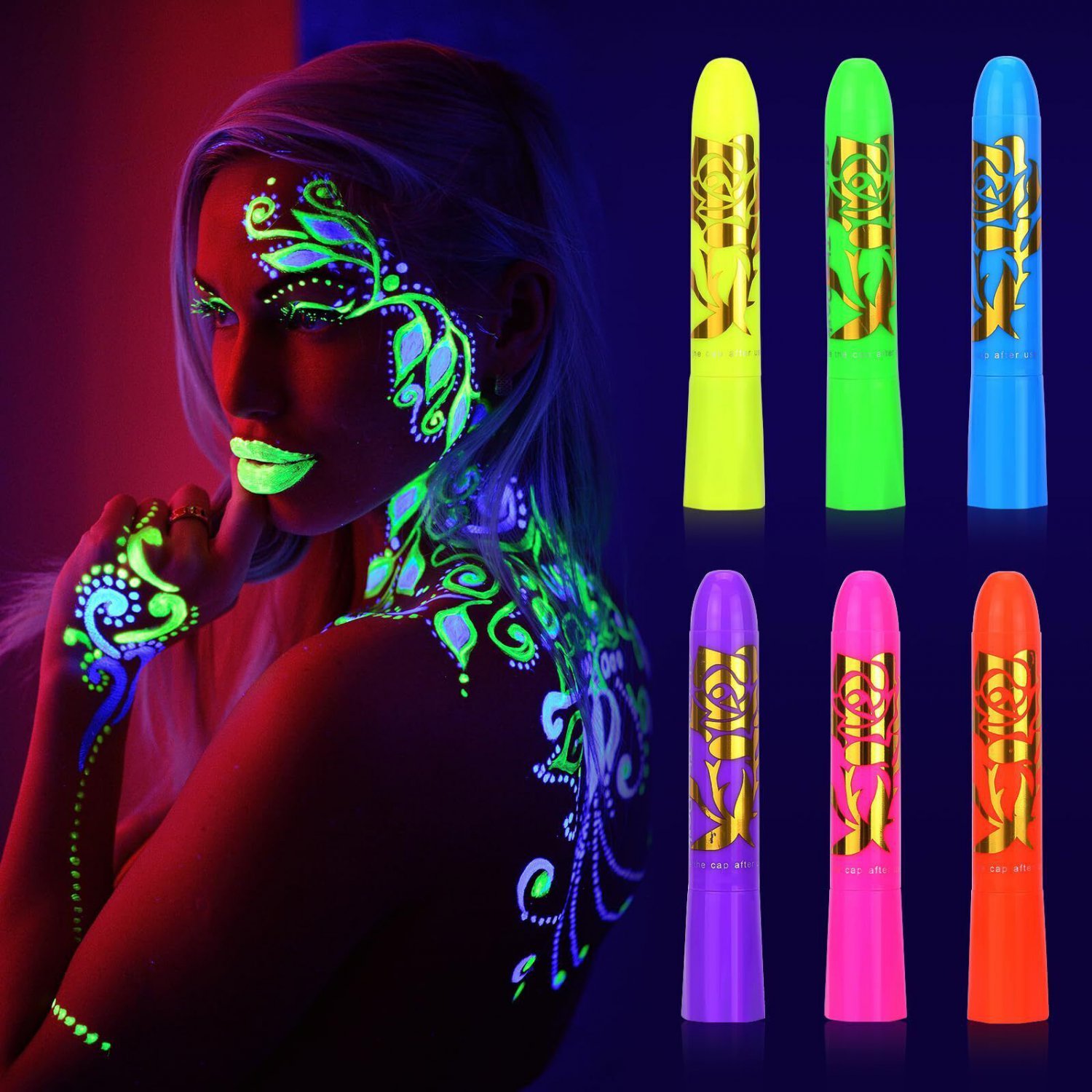 glow in the dark body face paint, 6pcs UV Crayon Kit neon accessories ...