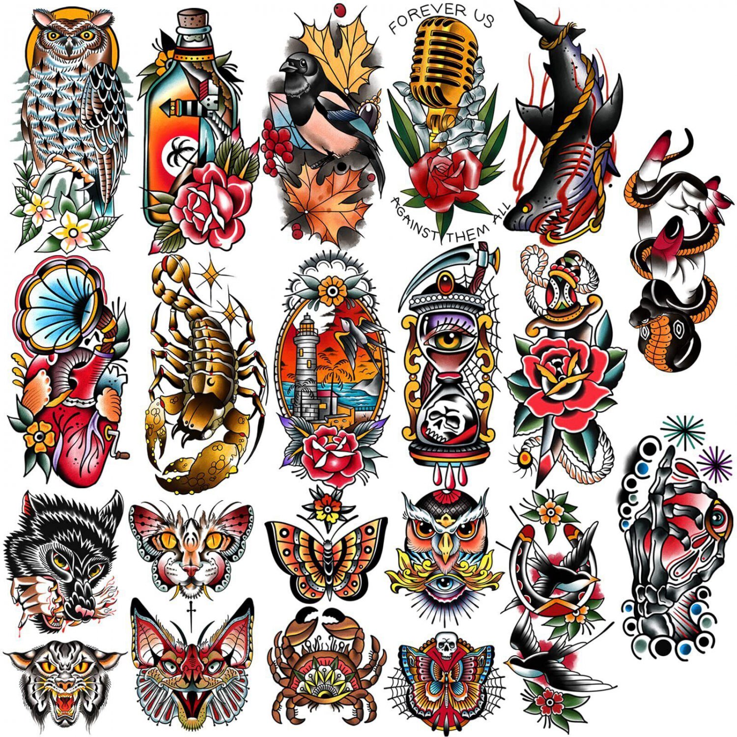 77 Sheets Classic Temporary Tattoos Adult Men, Traditional Colorful ...