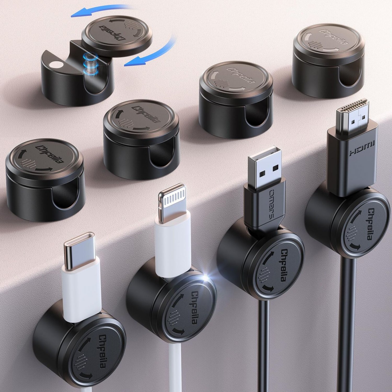 9 Pack Cable Clips, Chfeila Magnetic Cord Holder [360°Rotating Twist ...