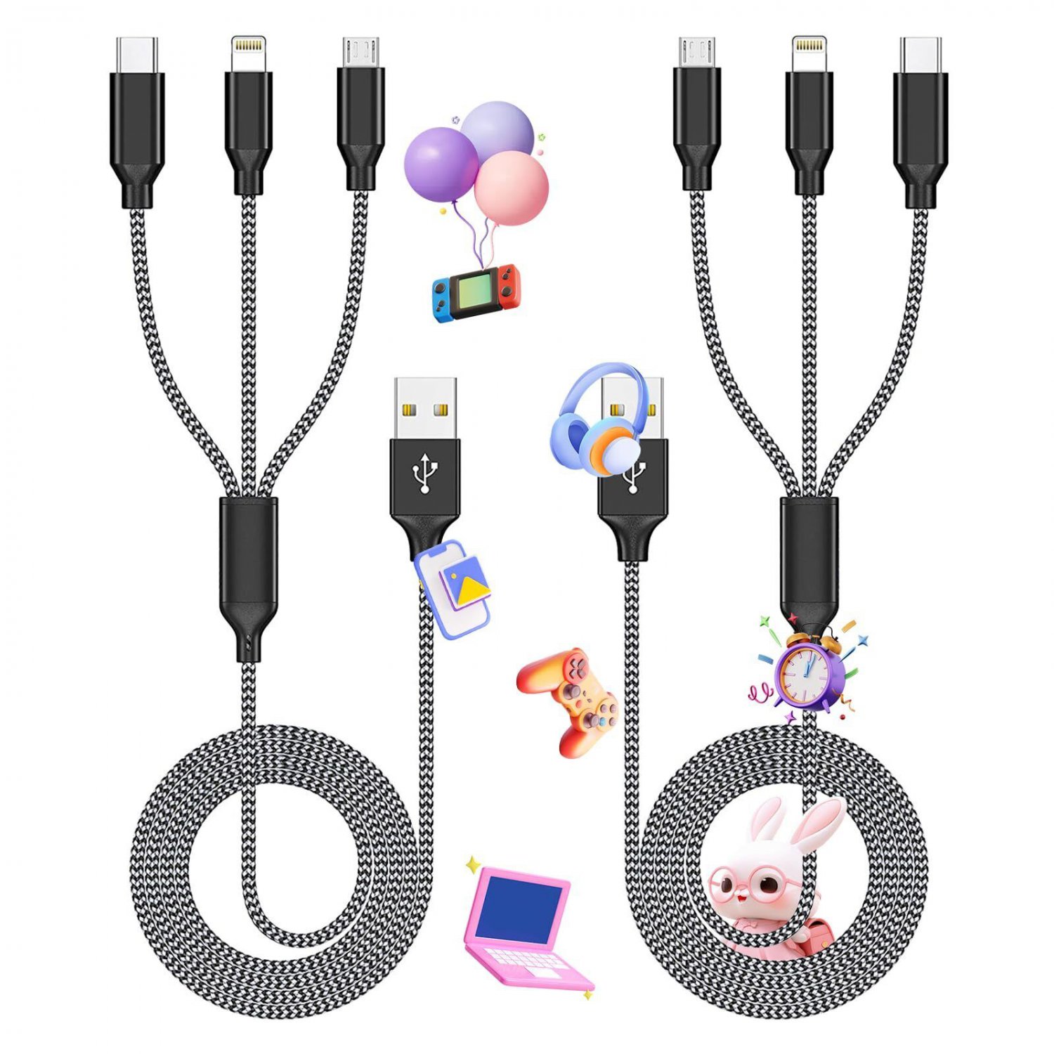 Multi Charging Cable,(2Pack 4FT) USB Cable Multi Charging Cord 3 in 1 ...