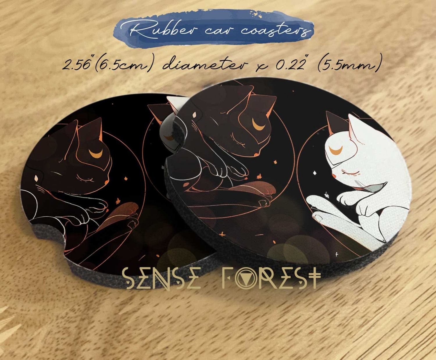 Kawaii black white moon luna Cat rubber car coasters, Cute Anime Soft ...