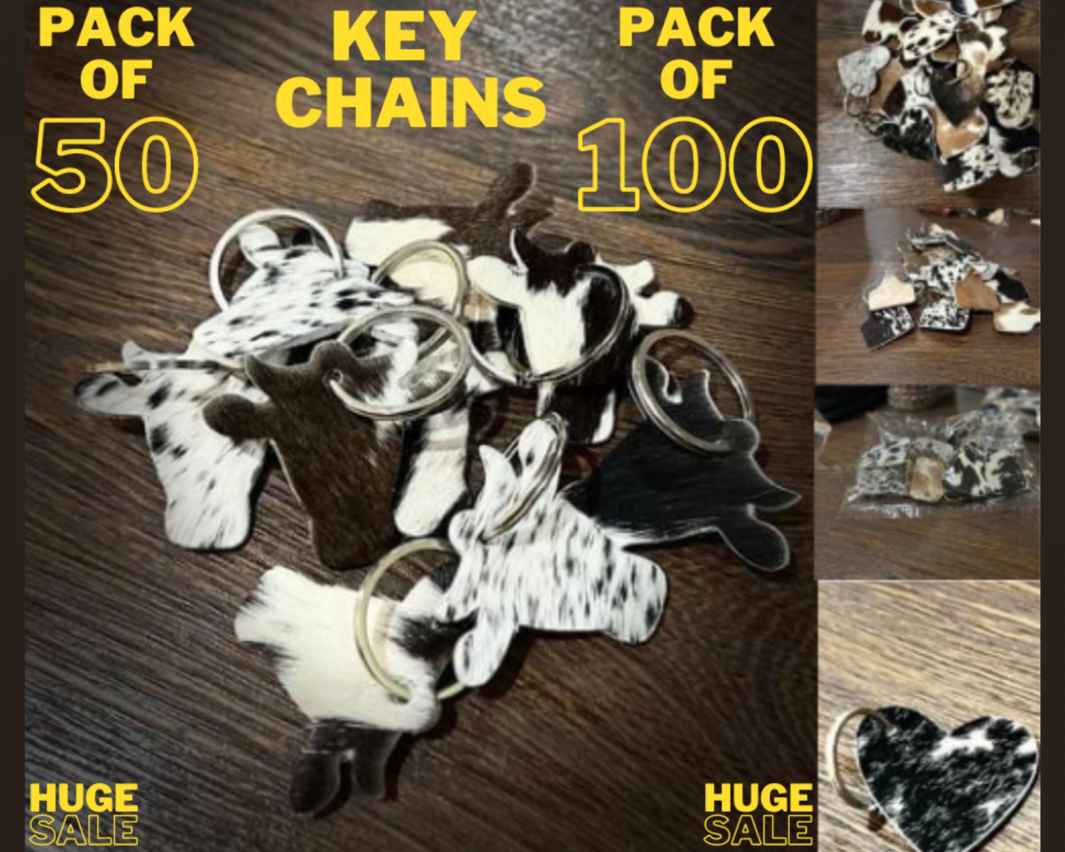 Cowhide Hair On Leather Key Chains Pack of 50 & Pack of 100