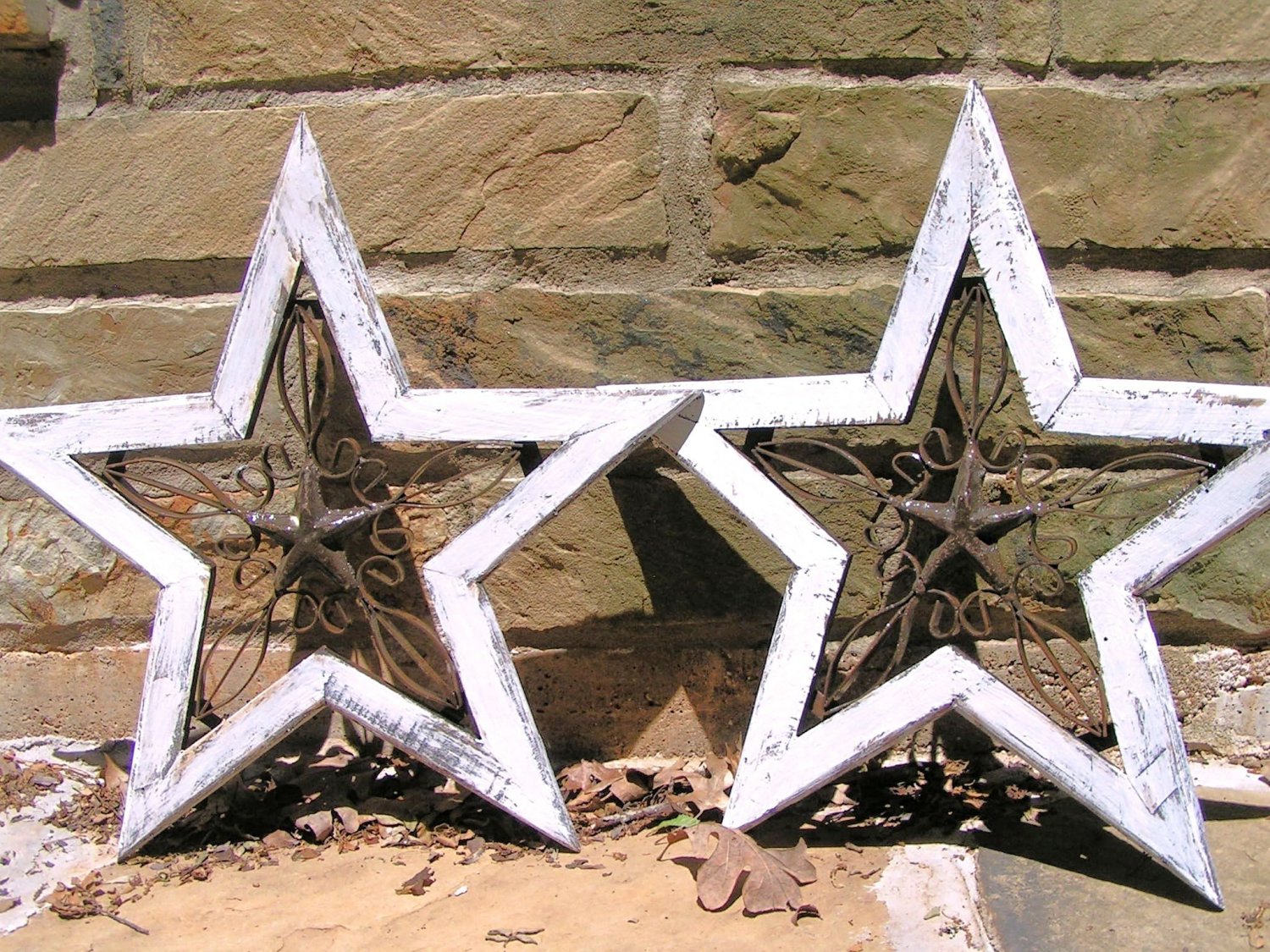 TWO Distressed Western Wall Stars Iron-Wood Off White Made in USA ec