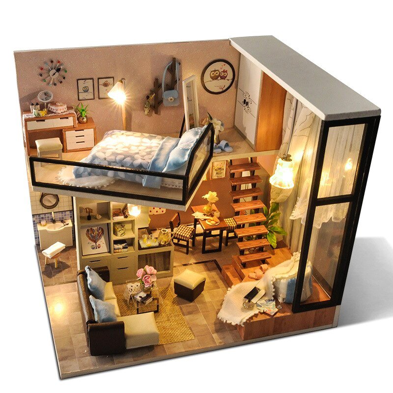 Miniature Modern Loft Kit with Furniture LED Light, Apartment Doll ...