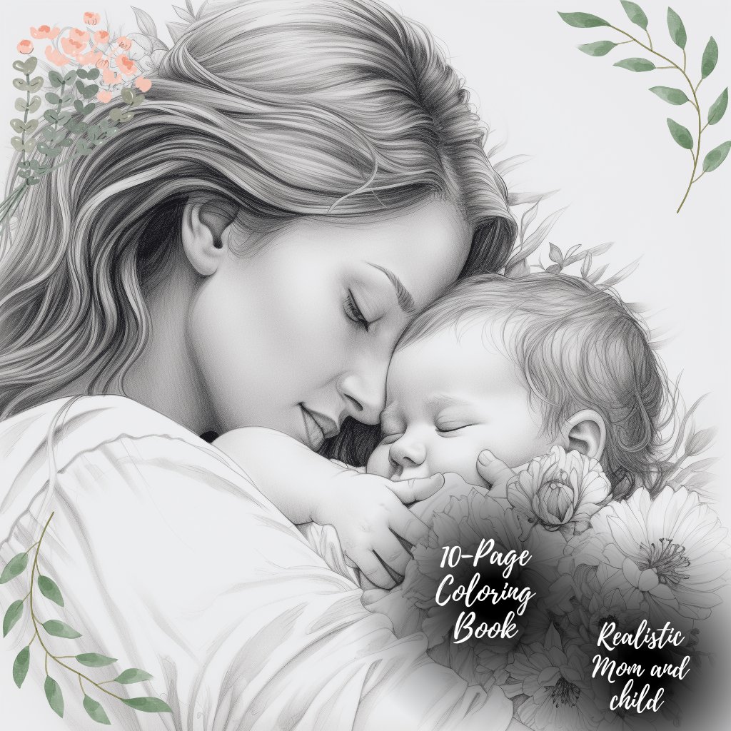10-page Printable Realistic Mom and Child Coloring Book for adults