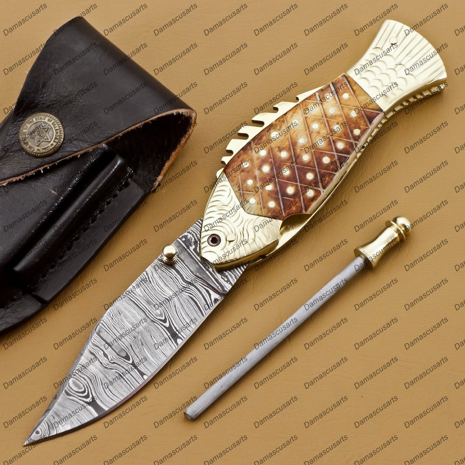 Handmade Golden Fish Engraved Pocket Knife Damascus Folding Knife Bone ...