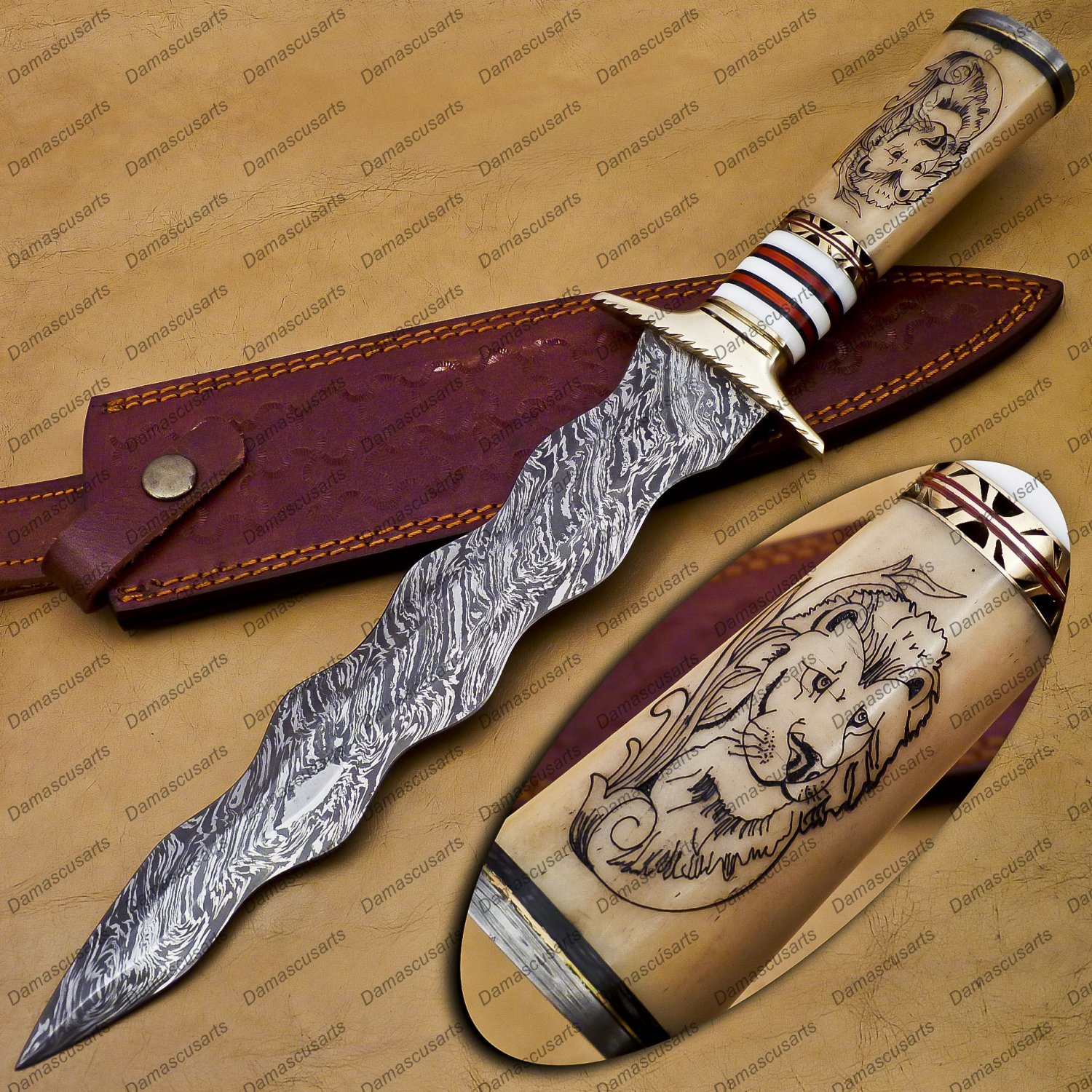 Beautiful Custom Handmade Damascus Steel Dagger Knife with Leather Sheath