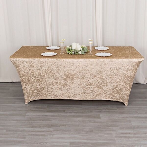 6 Ft Beige Fitted Crushed Velvet Tablecloth Rectangular Table Cover ...