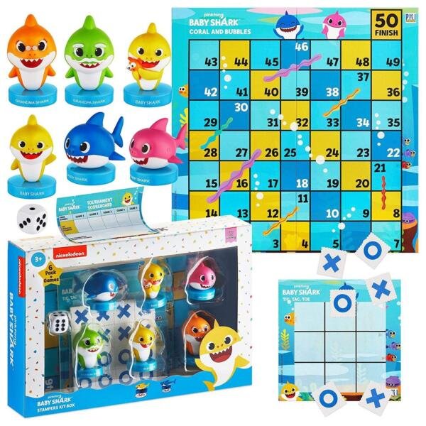 Baby Shark Game Board Set Tic-Tac-Toe Chutes & Ladders Stampers Figures ...