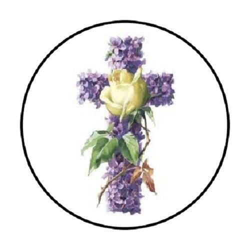 48 Flower Cross Baptism Envelope Seals Labels Stickers 1.2" Round Favor
