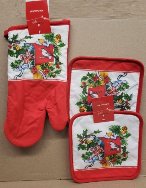 3Pc Set:2 Pot Holders &1 Oven Mitt Christmas Mailbox Birds &Holly ...