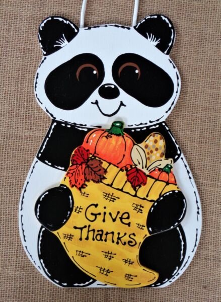 Give Thanks Panda Bear Door Sign Wall Art Hanger Plaque Thanksgiving Decor