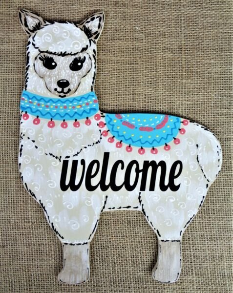Welcome Llama Sign Wall Door Hanger Plaque Wreath Attachment Family Decor