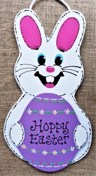 Hoppy Easter Rabbit Bunny Door Sign Wall Art Hanger Plaque Seasonal ...