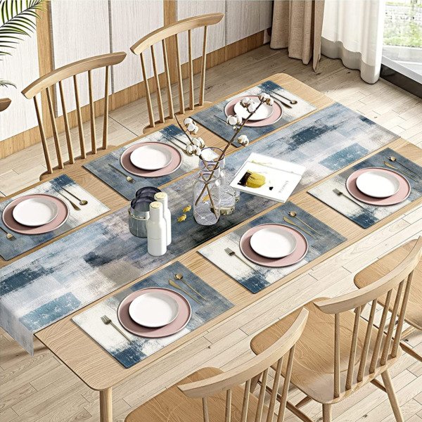 Farmhouse Table Runner And Placemats Set Of 6 Cottonlinen Abstract Blue ...