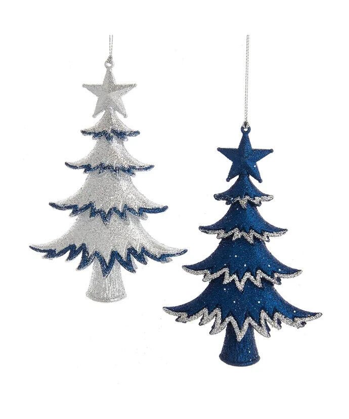 Set of 2 Blue and White Glittered Tree Ornaments J5082 w