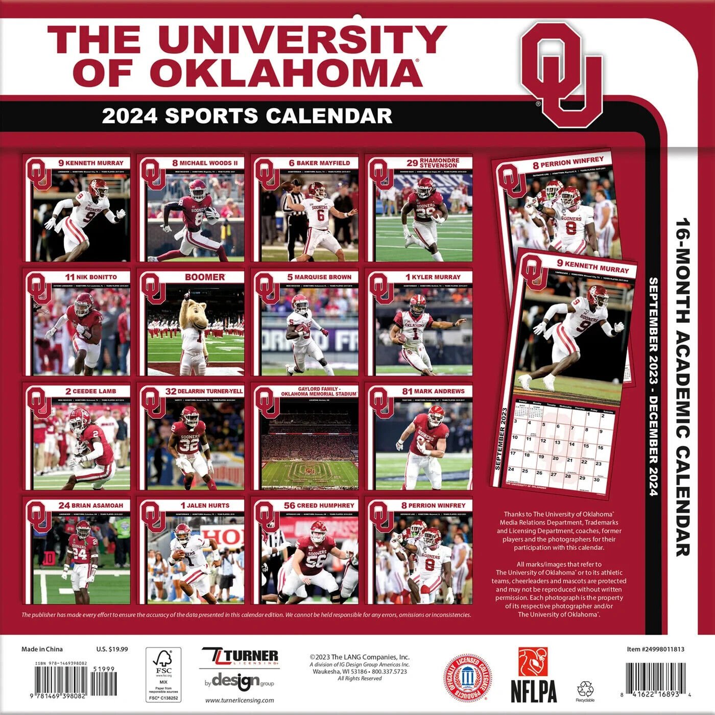 Turner Oklahoma Sooners 2024 Wall Calendar w
