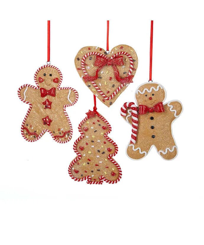 Set of 4 Gingerbread Men, Tree and Heart Ornaments D1194 w