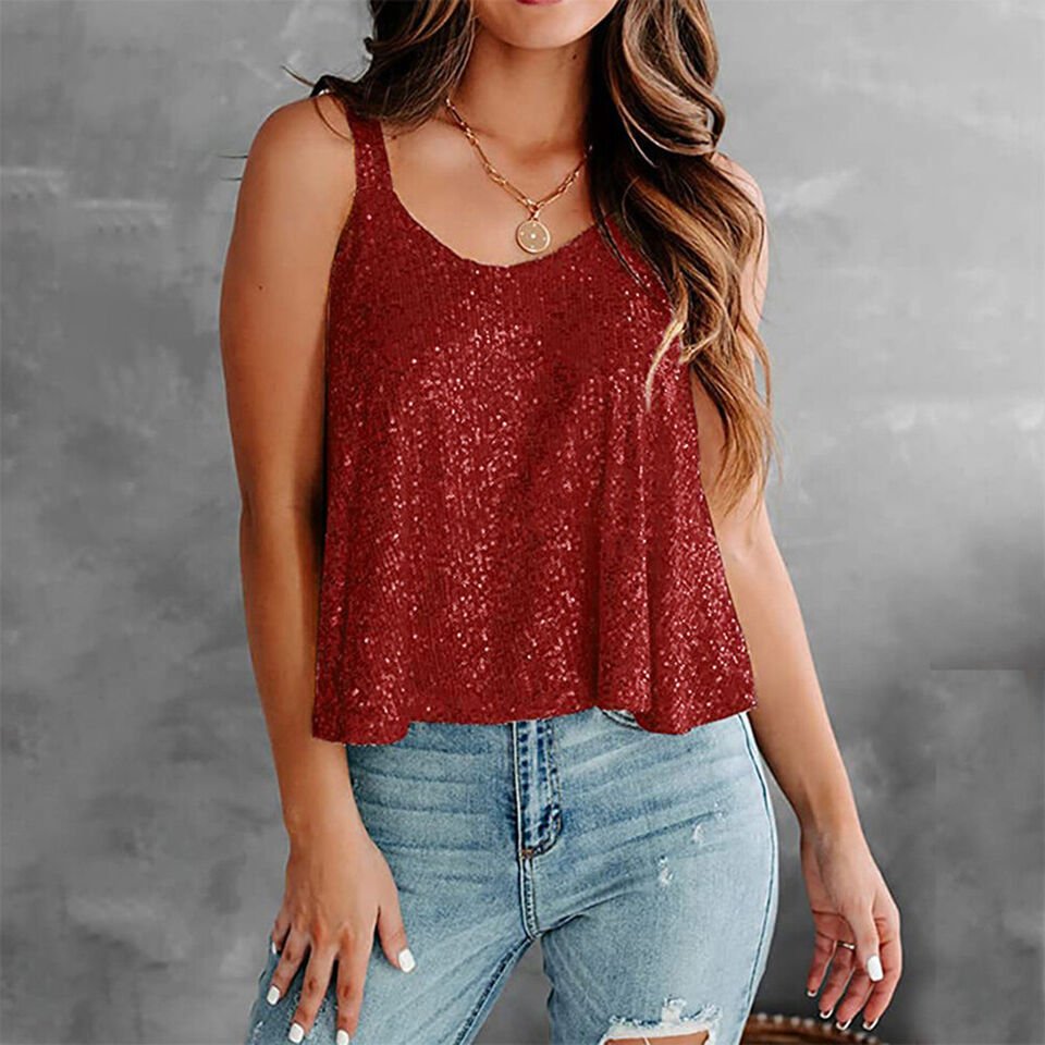 Wine Red Sequin Tank Tops Clubwear Sleeveless Ladies