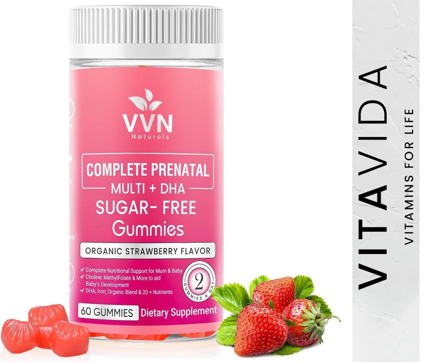 Strawberry! (60) VitaVida Complete PreNatal Multi + DHA Sugar FREE Gummies