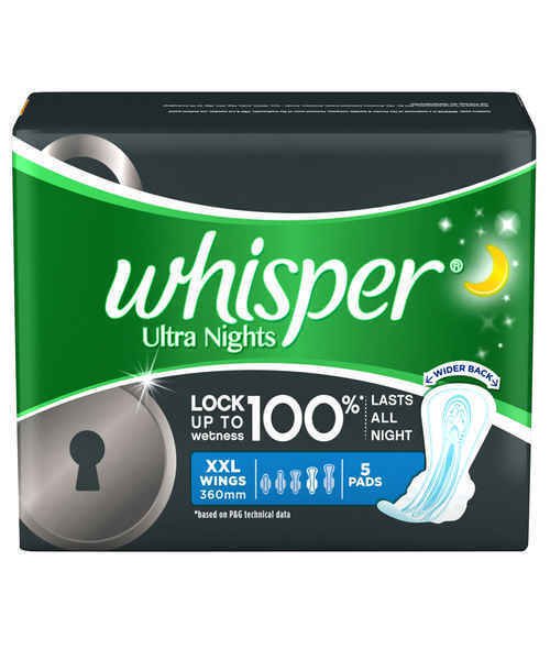 Whisper Ultra Nights Sanitary Pads (5 Count) XXL Plus | Free Shipping