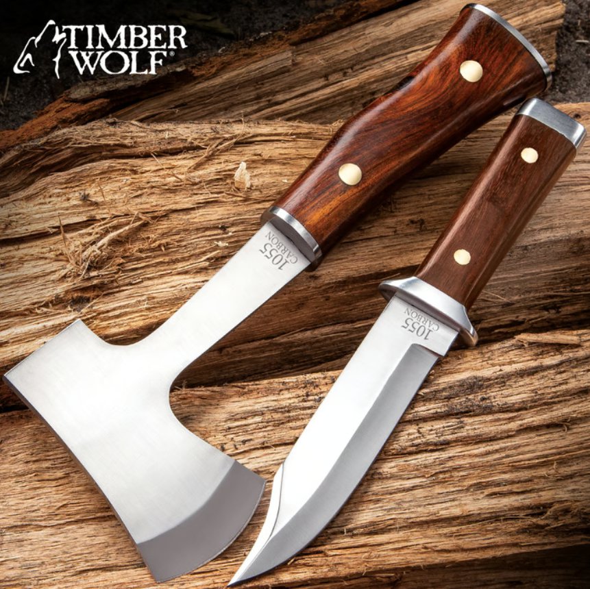 TIMBER WOLF EXPEDITION SET WITH SHEATH - CAMP AXE AND FIXED BLADE KNIFE